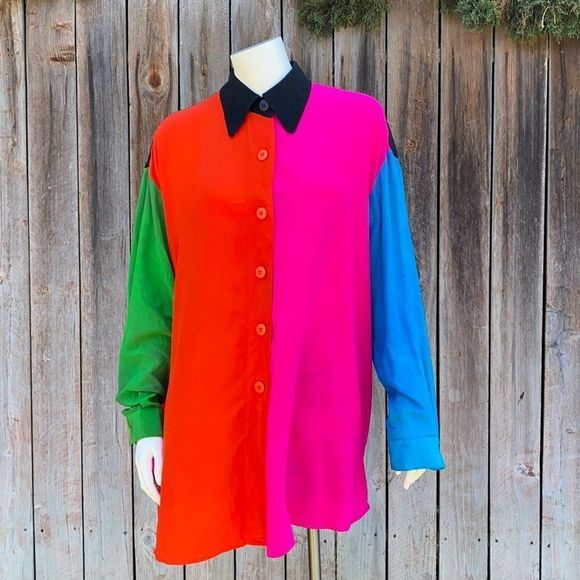 Vintage | Tops | Vintageneon Color Block 0 Silk Blouse | Poshmark